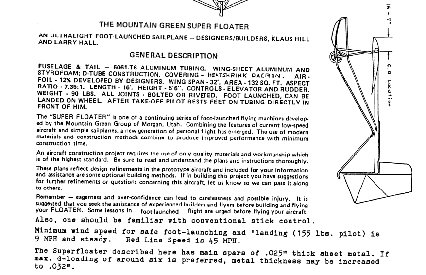 SUPER FLOATER – PART103 ULTRALIGHT SAILPLANE PLANS FOR HOMEBUILD SIMPLE ...