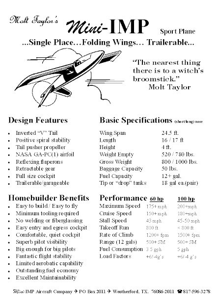 MINI-IMP TAYLOR AEROCAR – PLANS AND INFORMATION SET FOR HOMEBUILD ONE ...